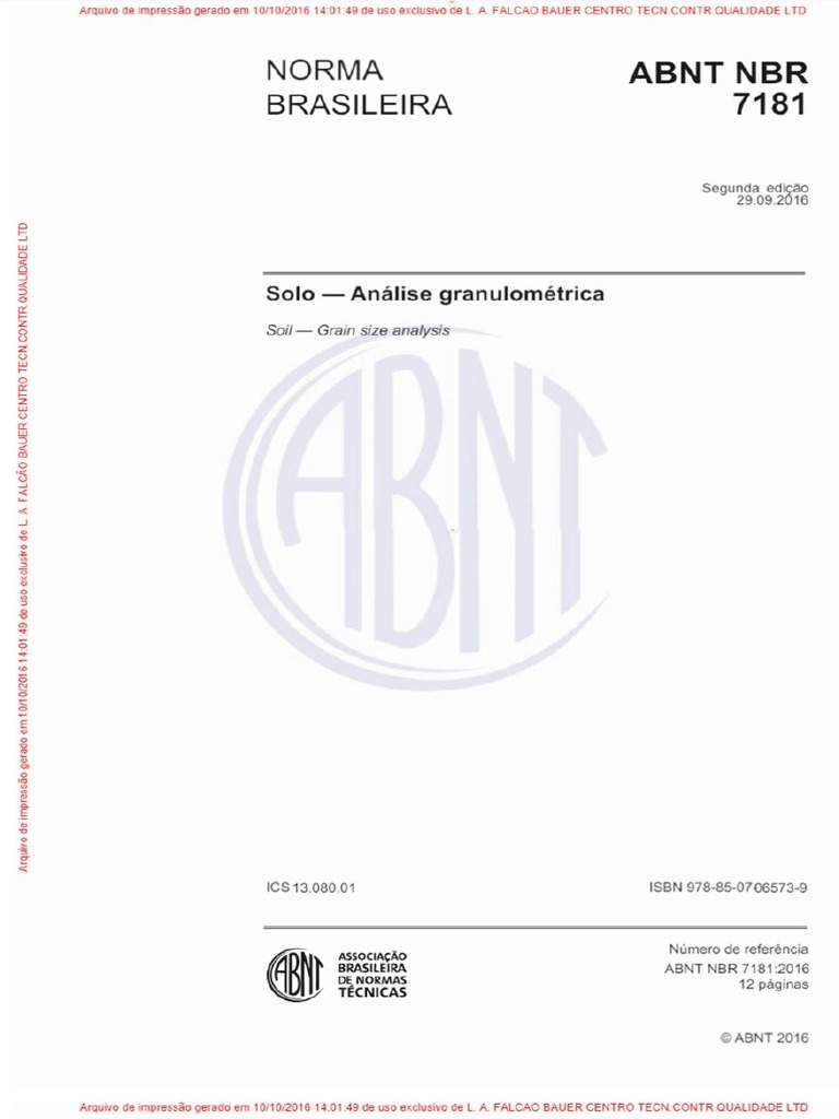ABNT NBR 7181 - 2016 - Solo - Análise Granulométrica | PDF