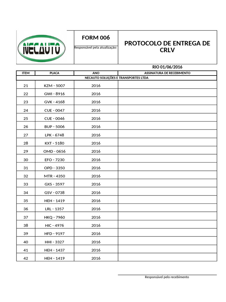 Form 006 Protocolo Entrega CRLV | PDF
