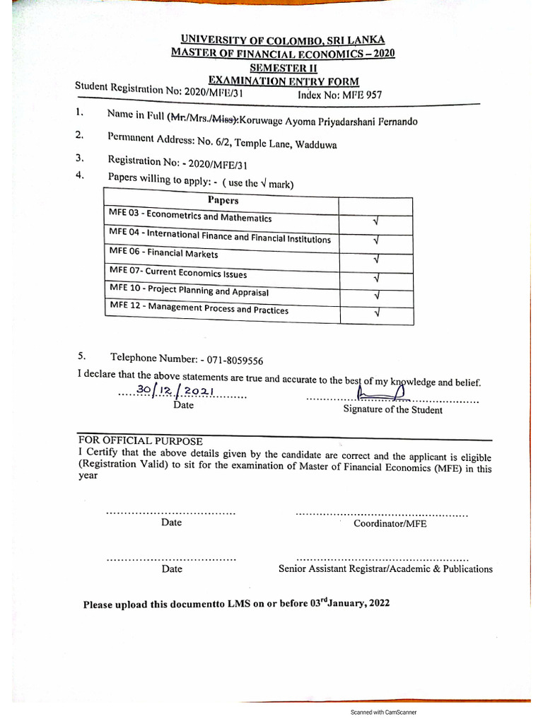 2020 Mfe 31 - Kap Fernando - Semester II - Examination Entry Form - 1 | PDF