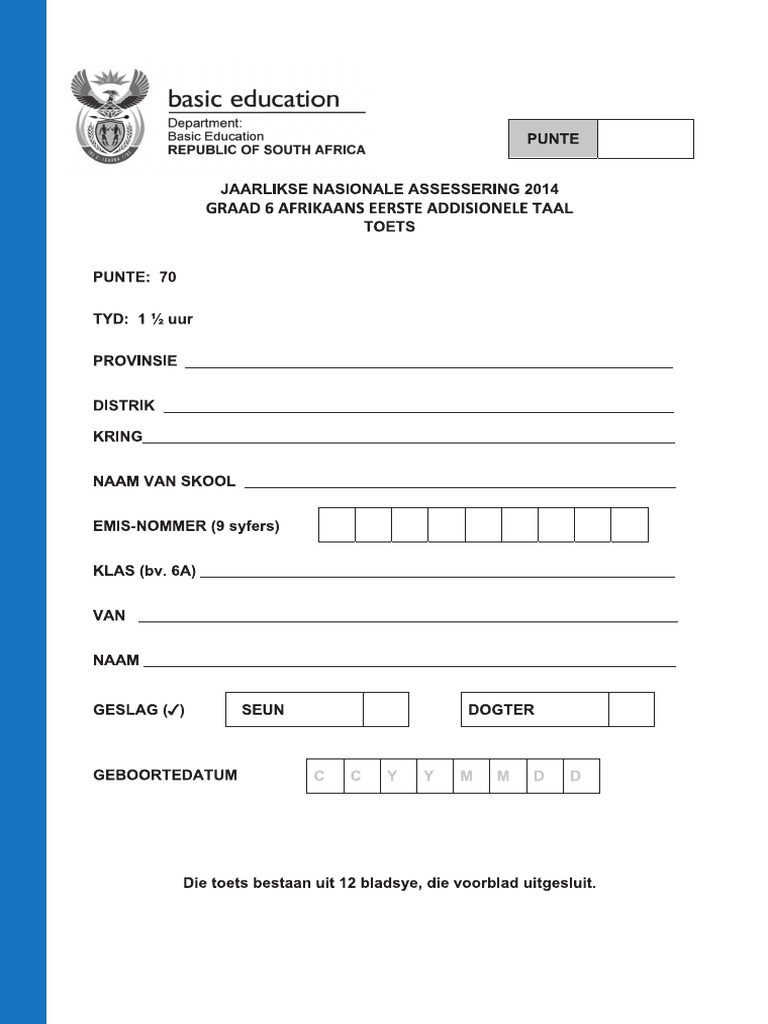 2014 ANA Grade 6 Afrikaans FAL | PDF