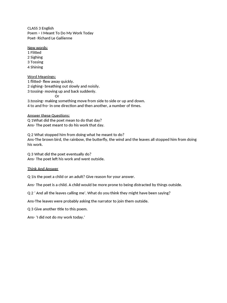 CLASS 3 Eng Poem-I Meant To Do My Work Today | PDF