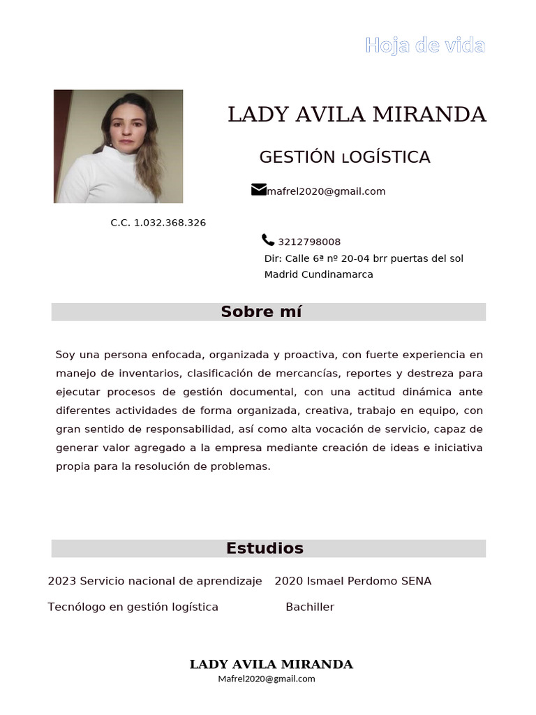 Hoja de Vida Lady | PDF