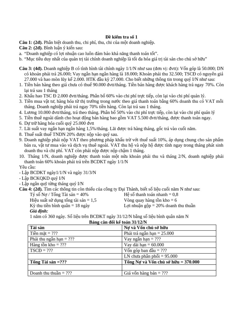 Đề Ktra Số 1 | PDF