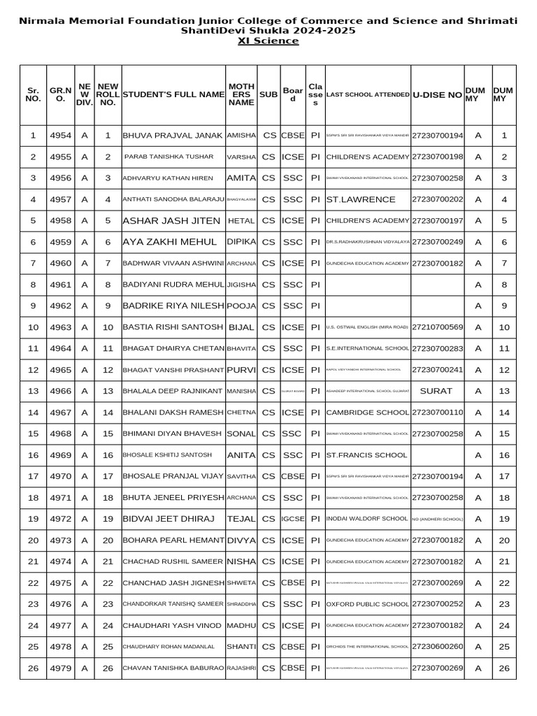 SSD, VDN, Nirmal Saral 2024-2025 XI SCIENCE | PDF