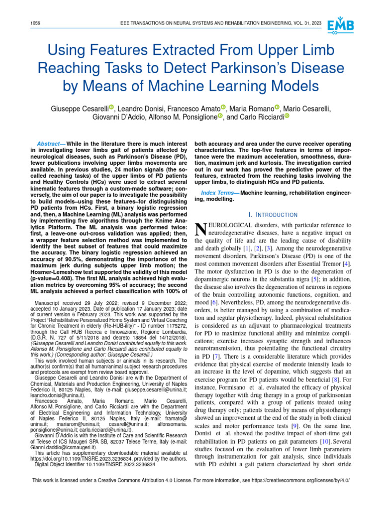 Using Features Extracted From Upper Limb Reaching Tasks To Detect Parkinsons Disease by Means of ...
