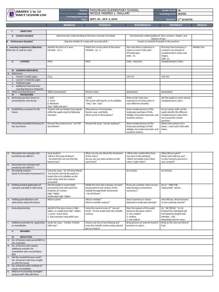 DLL - Mapeh 3 - Q2 - W1 | PDF