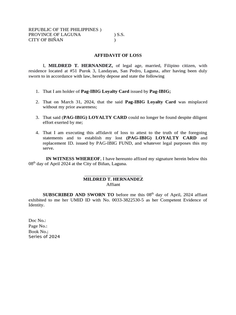 Affidavit of Loss Pag Ibig Card | PDF