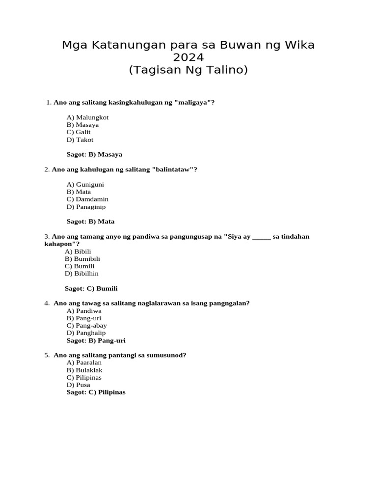 Mga Katanungan para Sa Buwan NG Wika 2024 Tagisan NG Talino | PDF