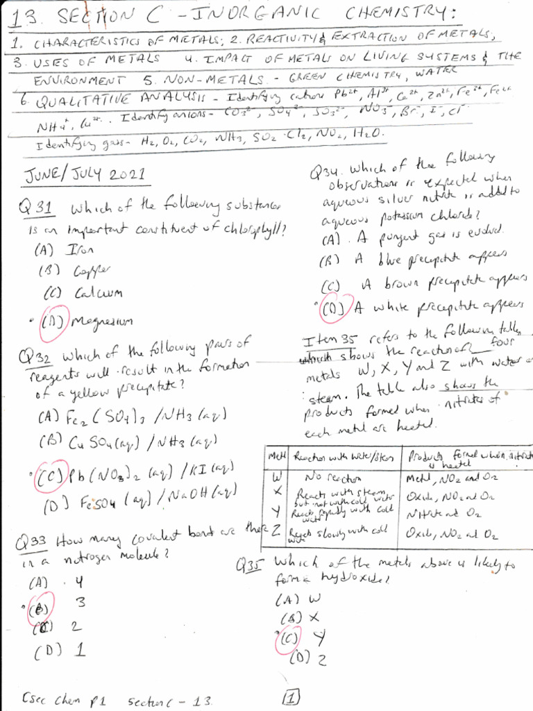CXC CSEC CHEMISTRY P1 With Answers Section B CH 13 Handwritten | PDF