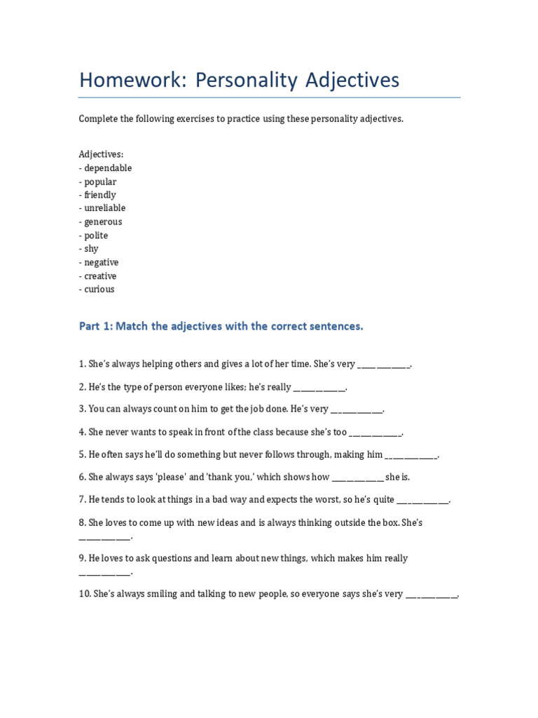 Personality Adjectives Homework | PDF