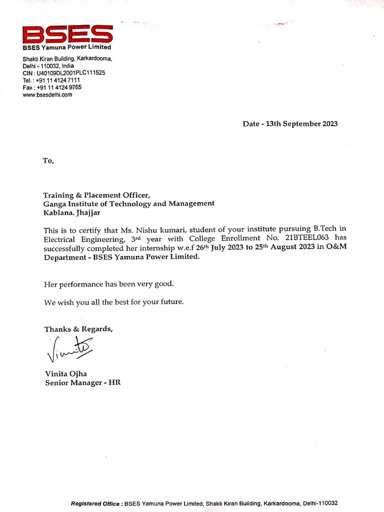 BSES Internship Certificate | PDF