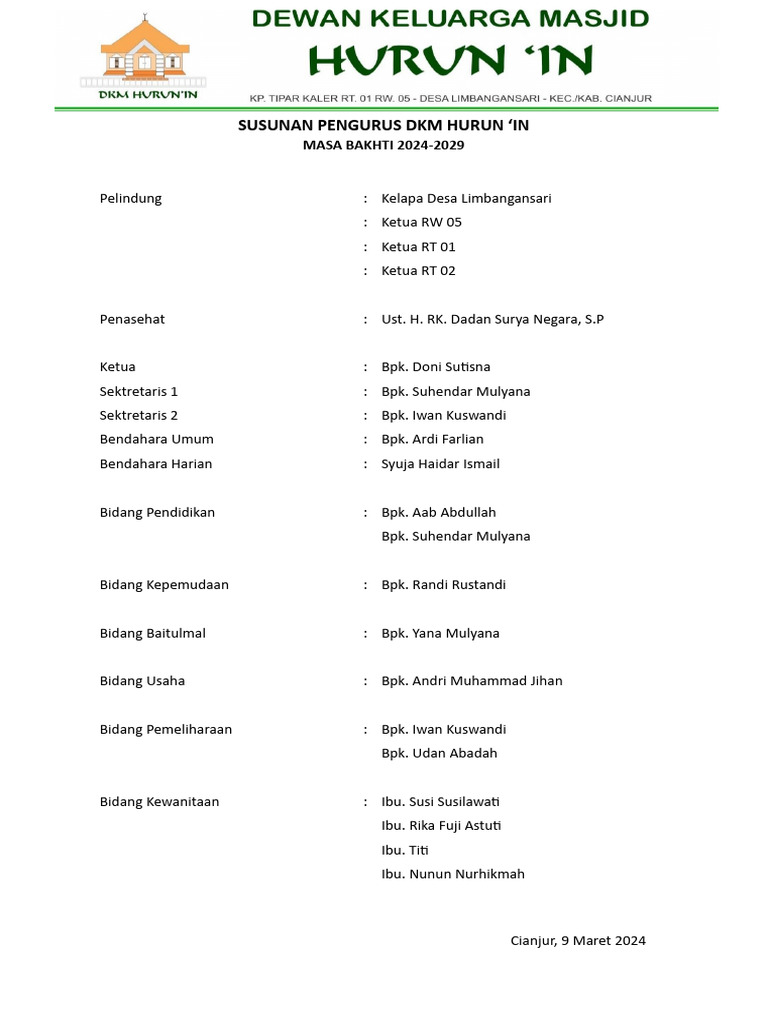 2024 Susunan Pengurus DKM Hurun | PDF