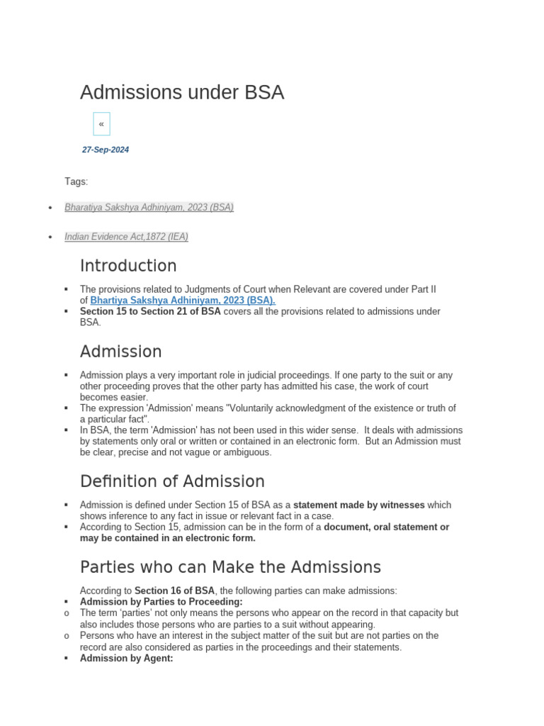 Admissions Under Bsa | PDF