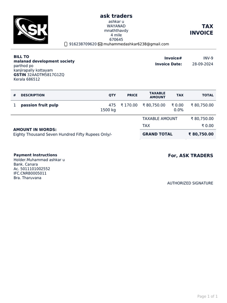 Ask Traders TAX Invoice: Bill To Malanad Development Society Invoice ...