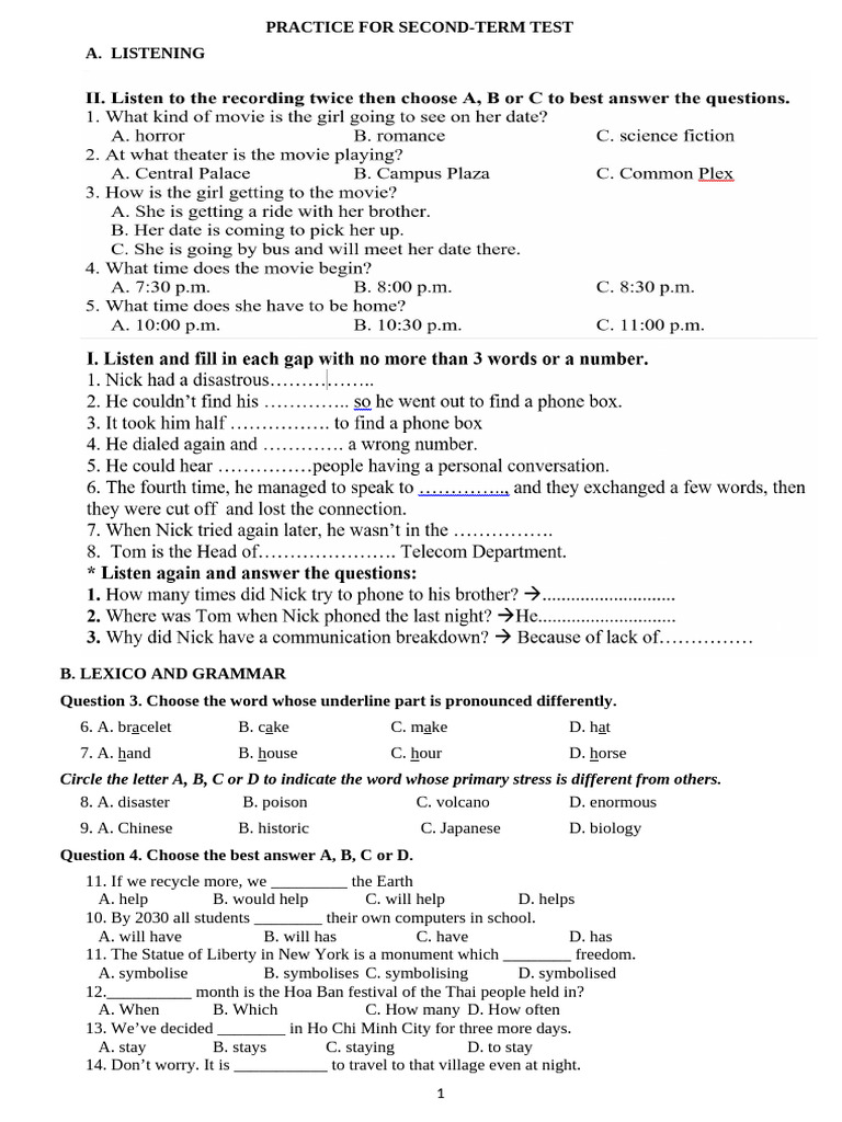 Practice Test Anh 8 Hoc Ki 2 | PDF