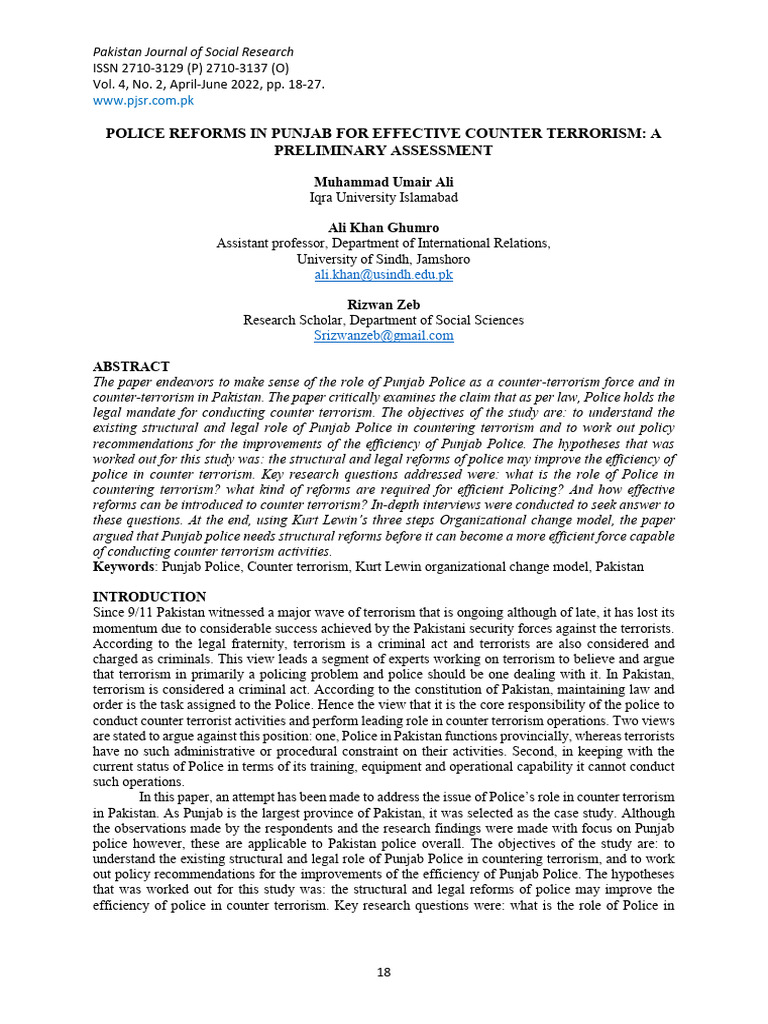 Vol 4. Issue 2 Apr Jun 2022 Ali Zeb Ghumro Police Reforms in Punjab For ...