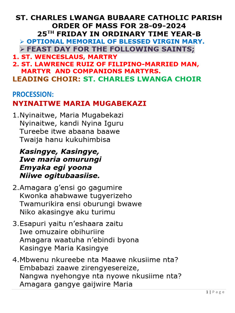 Order of Mass For Saturday 28-09-2024 | PDF
