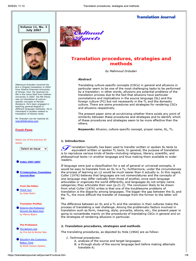 Translation Procedures, Strategies and Methods | PDF