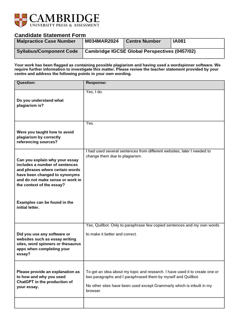 M034MAR2024 - Candidate Statement Form - IA081 | PDF