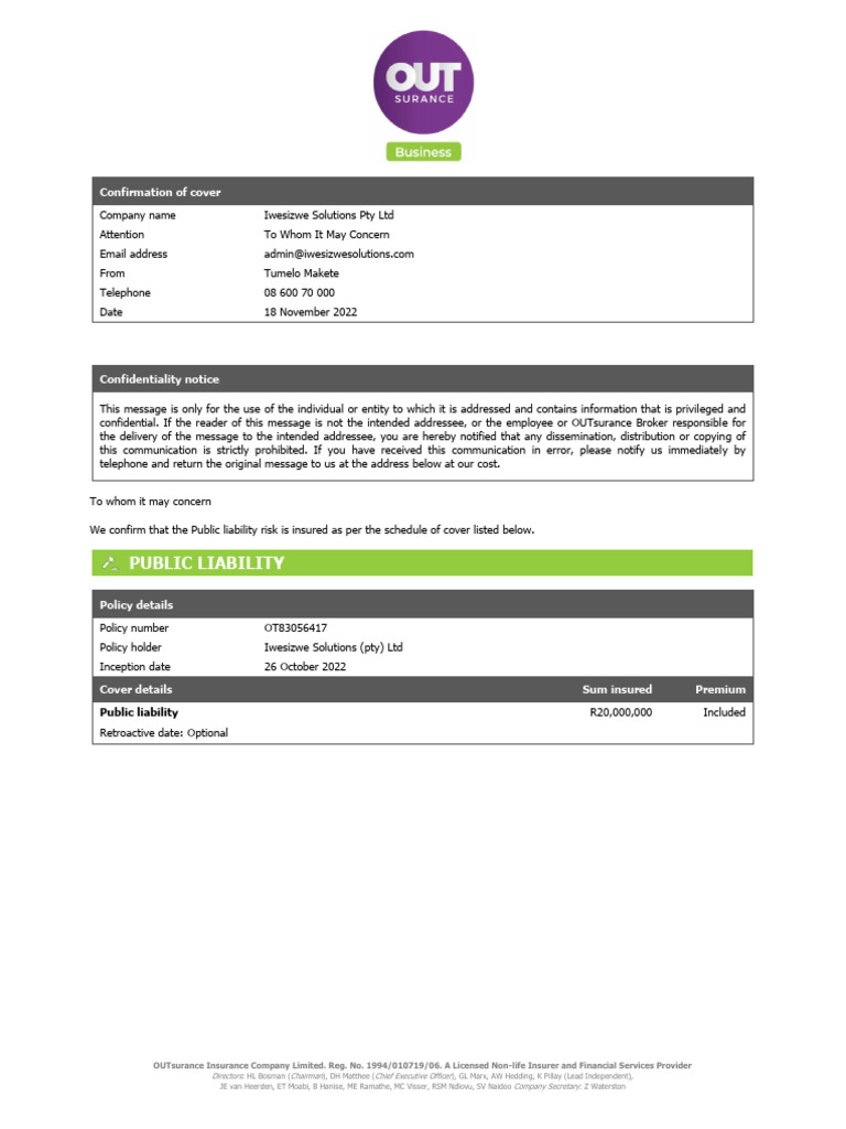 Outsurance - Public Liability - Risk Summary | PDF