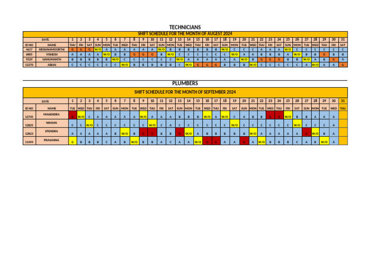 Technicians Shift Schedule | PDF