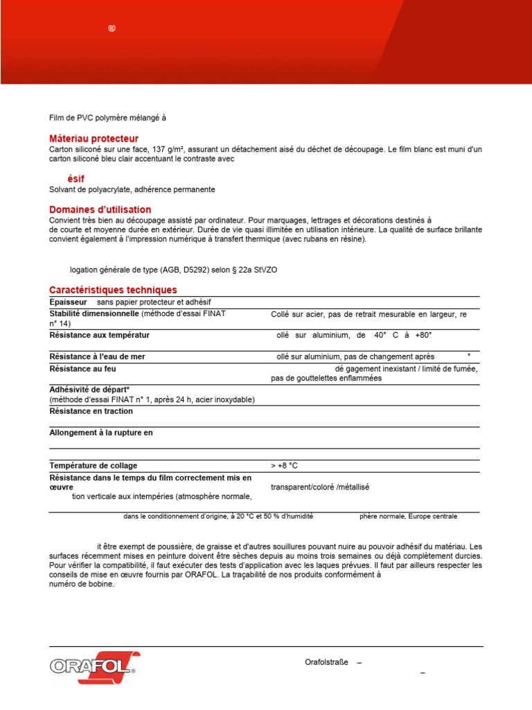 Oracal 651 Intermediate Cal Id3536 Technical Data Sheet Europe FR | PDF