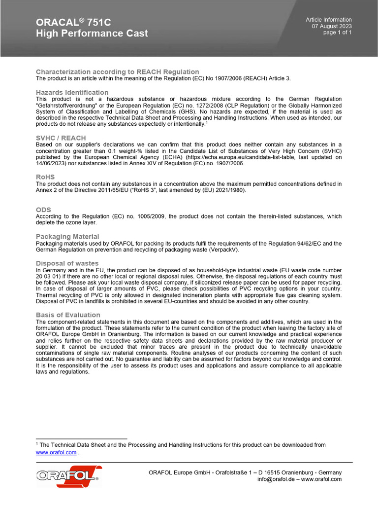 Oracal 751c High Performance Cast 3458 Article Information Europe en | PDF