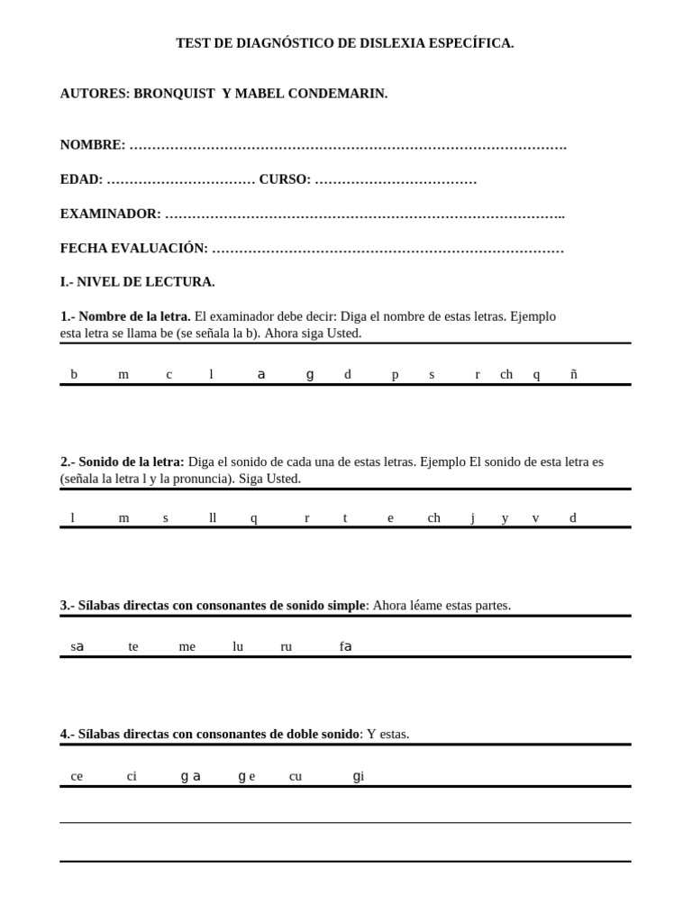 Test de Diagnostico de Dislexia Especifi | PDF