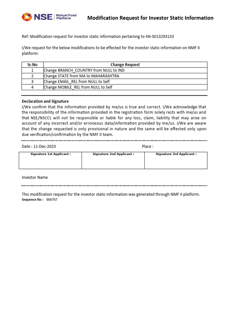Modification Request For Investor Static Information: SR - No Change ...