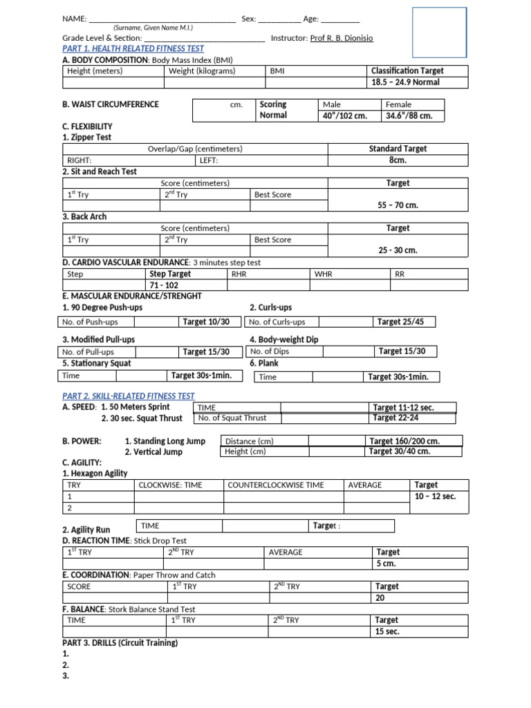 Fitness Test Score Sheet | PDF