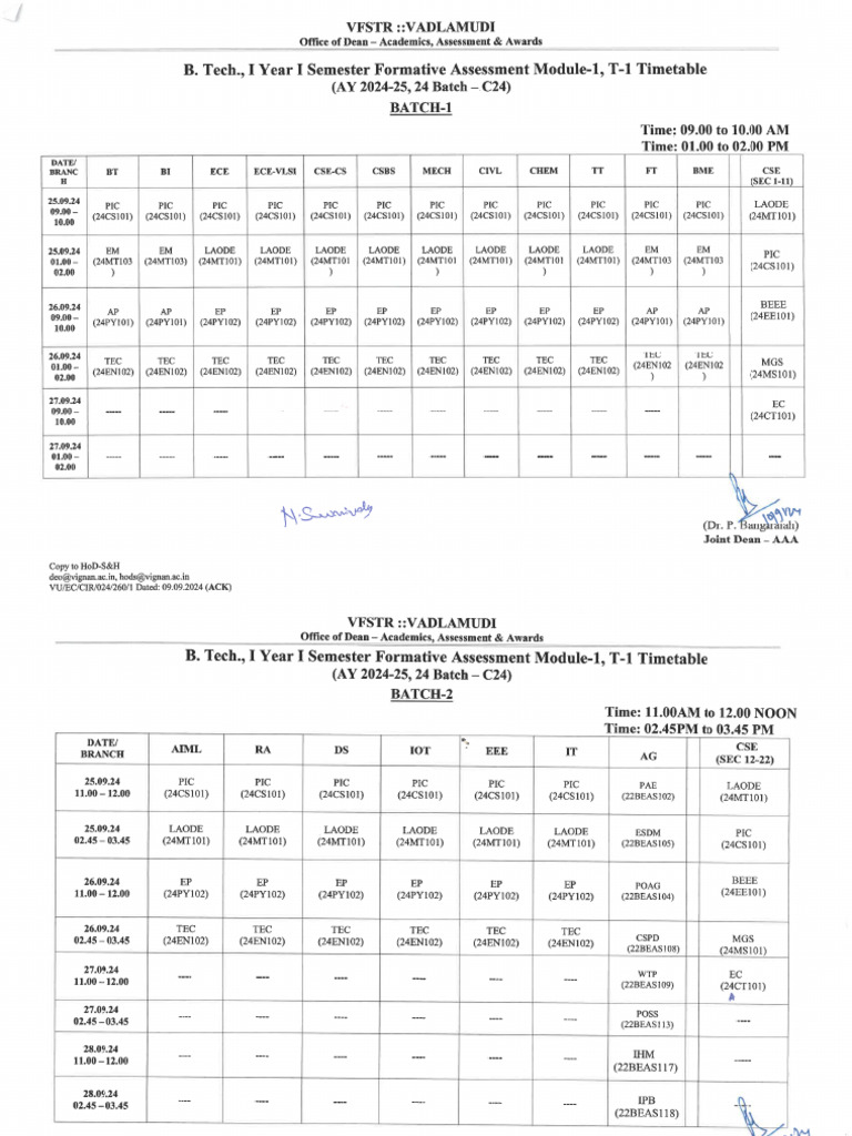 B. Tech I Year I Semester Formative Assessment Module 1, T-1 Timetable | PDF