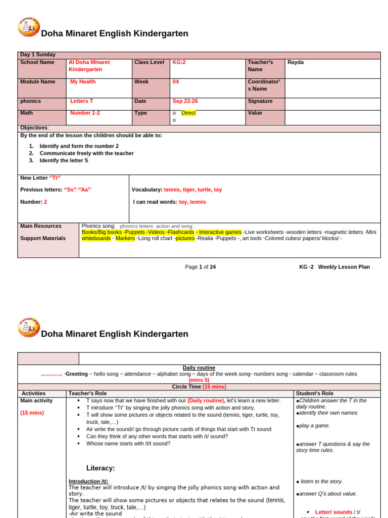 Lesson Plan KG 2 - WK 04 | PDF