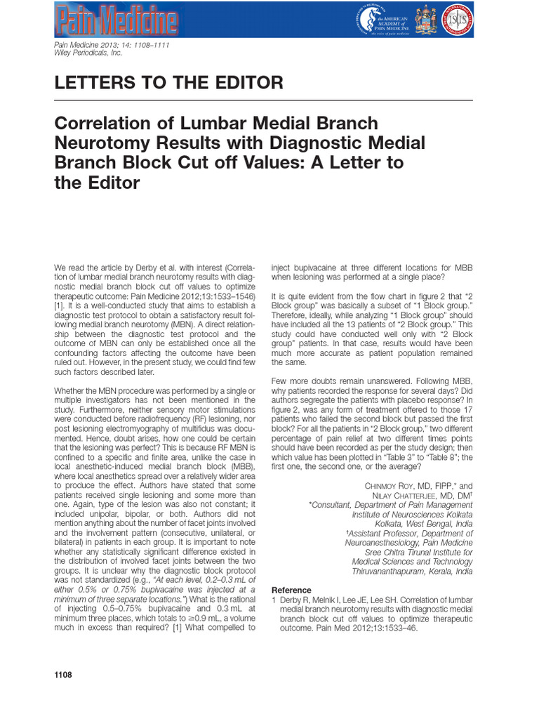 Correlation of Lumbar Medial Branch Neurotomy - Pain Medicine 2013 | PDF