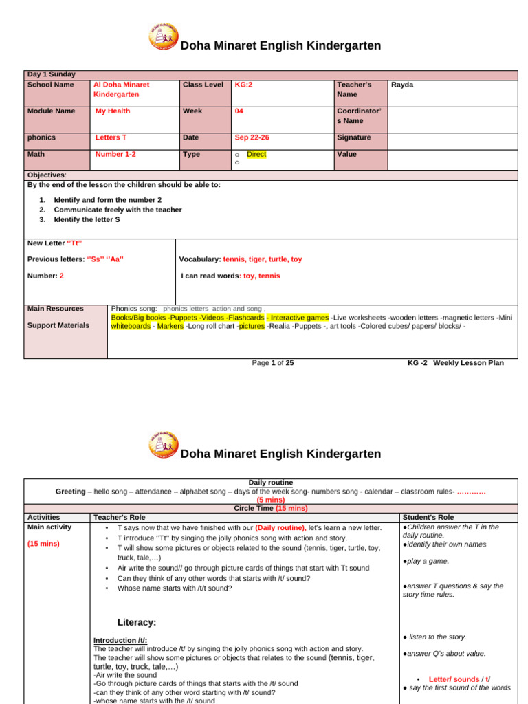 Lesson Play KG2 Week 4 | PDF