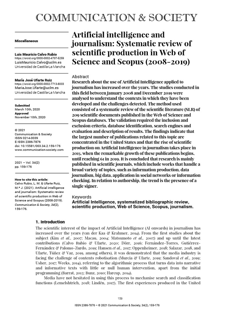 Artificial Intelligence and Journalism: Systematic Review of Scientific ...