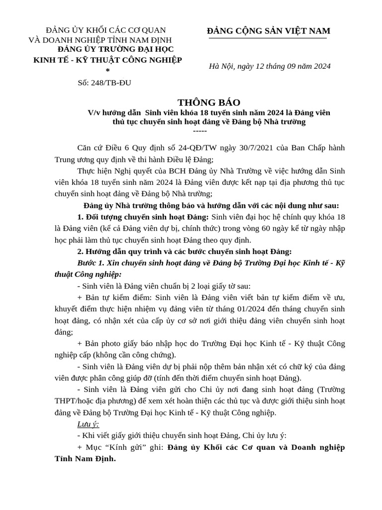 Huong-dan-tan-Sinh-vien-khoa-18-tuyen-sinh-nam-2024-chuyen-sinh-hoat-Dang T | PDF