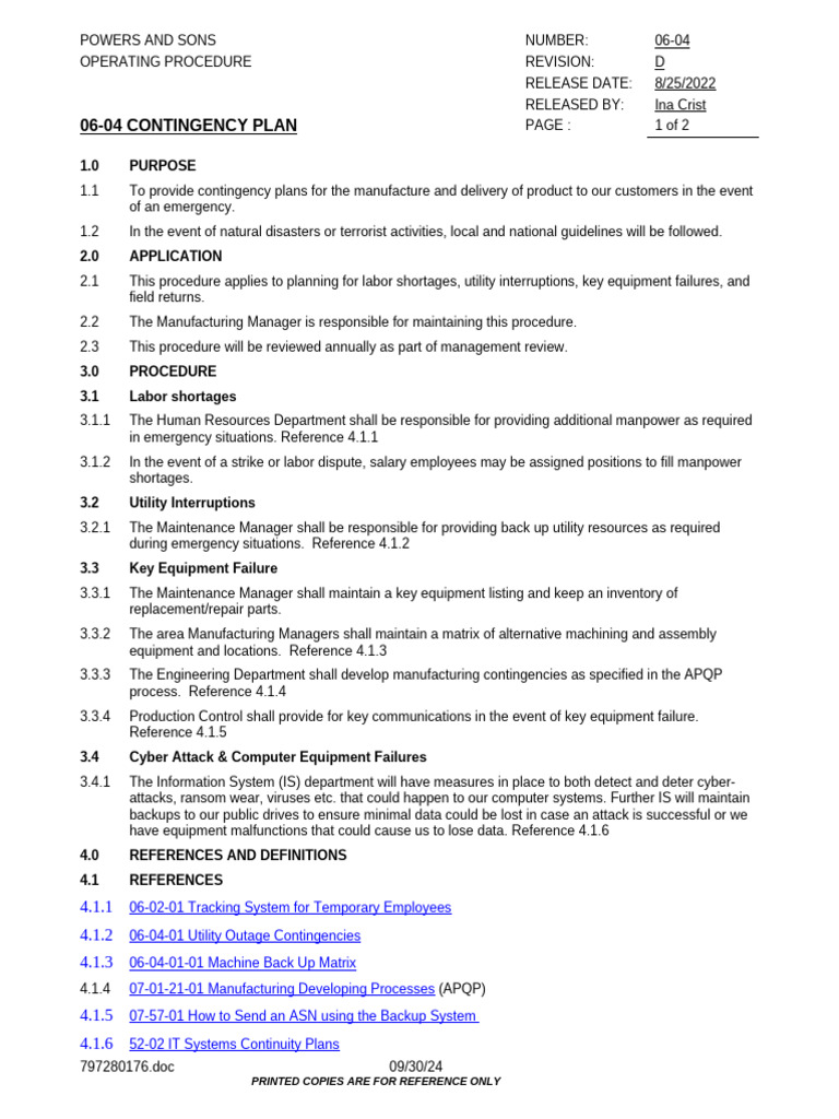 06-04 D - Contingency Plan | PDF | Human Resources | Business