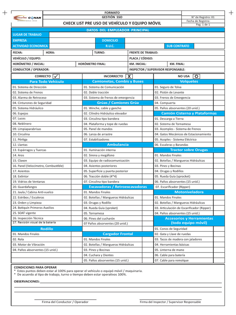 Check List Preuso Vehiculo Seguridad | PDF