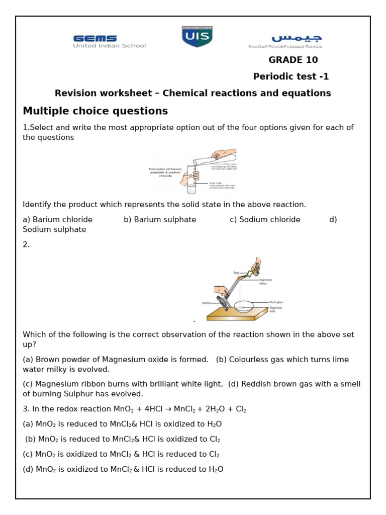 Chemical Reactions and Equations - PT-1 Worksheet | PDF