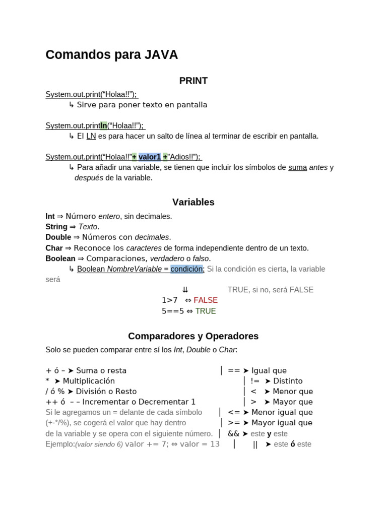 Comandos para JAVA | PDF