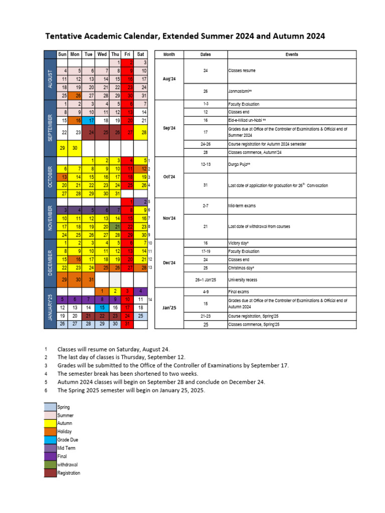 Tentative Academic Calendar, Extended Summer 2024 and Autumn 2024 | PDF