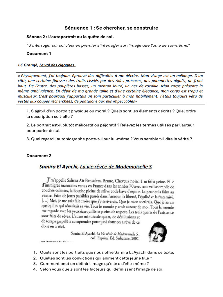 Séance 2 - L'Autoportrait Ou La Quête de Soi | PDF