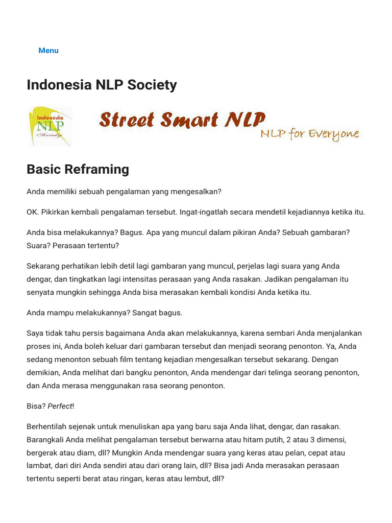 Basic Reframing - Indonesia NLP Society | PDF