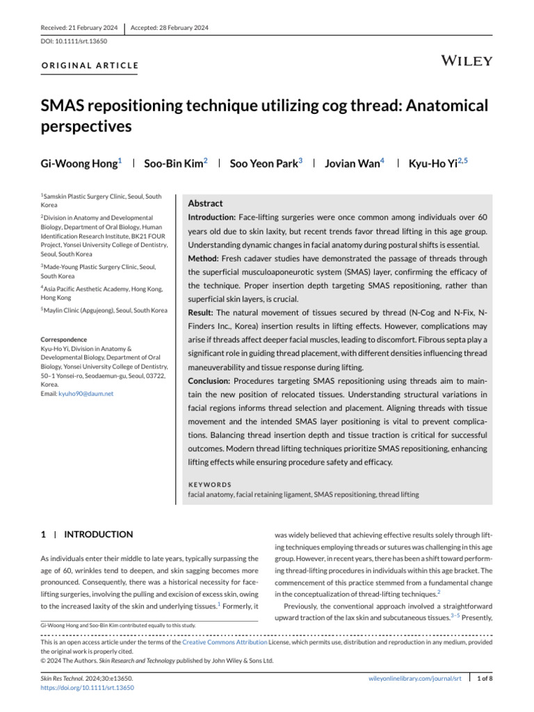 SMAS Repositioning Technique Utilizing Cog Thread - Anatomical ...
