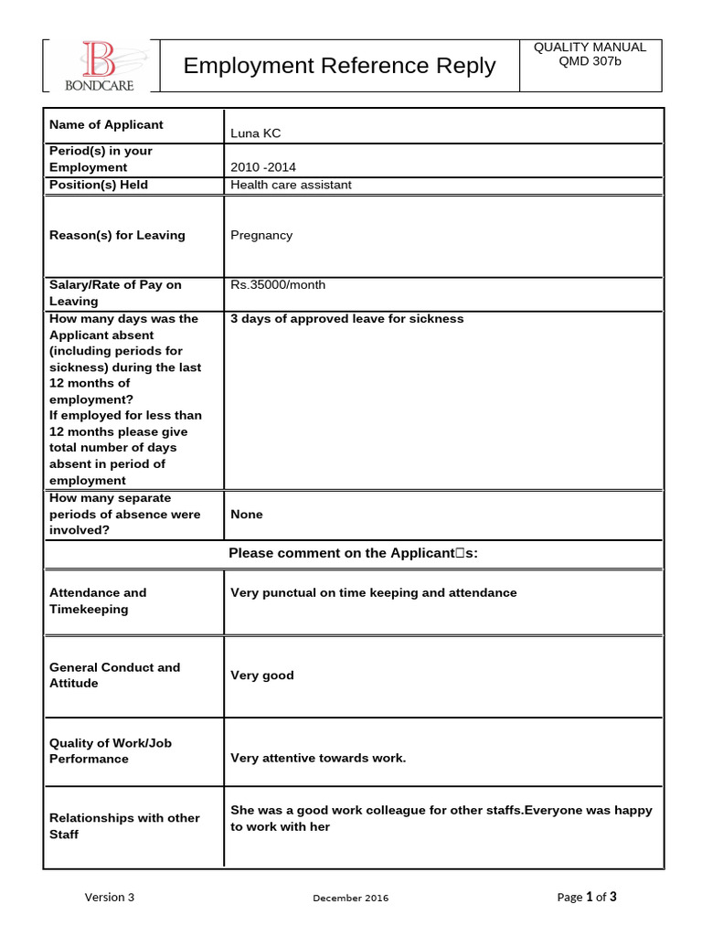 Employment Reference Form - Bond Care | PDF | Employment | Business