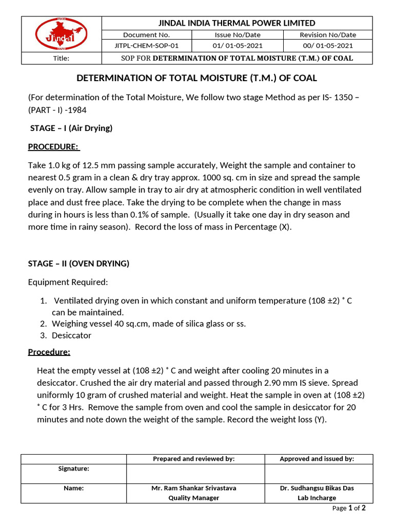 Jitpl-Chem-Sop-01 Total Moisture (T.M.) Is 1350 | PDF