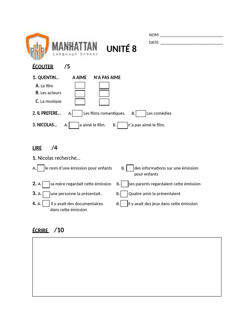 Examenes Hoja Estudiantes Frances A1 | PDF | Estudios de idiomas ...