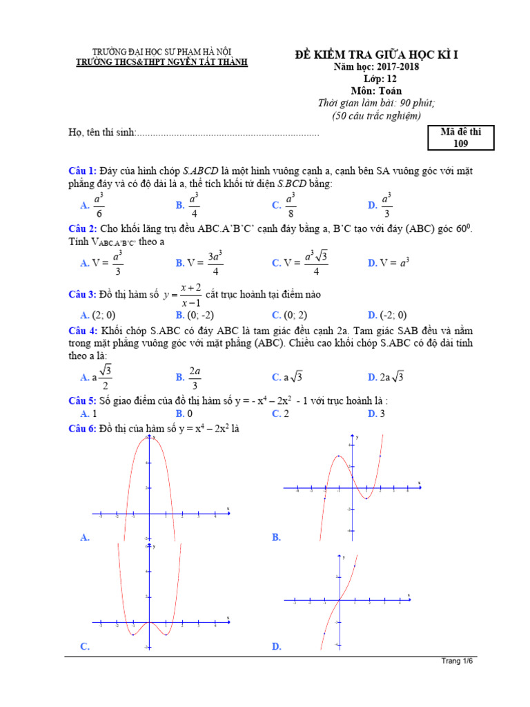 De Kiem Tra Giua hk1 Nam 2017 2018 Mon Toan 12 Truong Thcs THPT Nguyen Tat Thanh Ha Noi | PDF