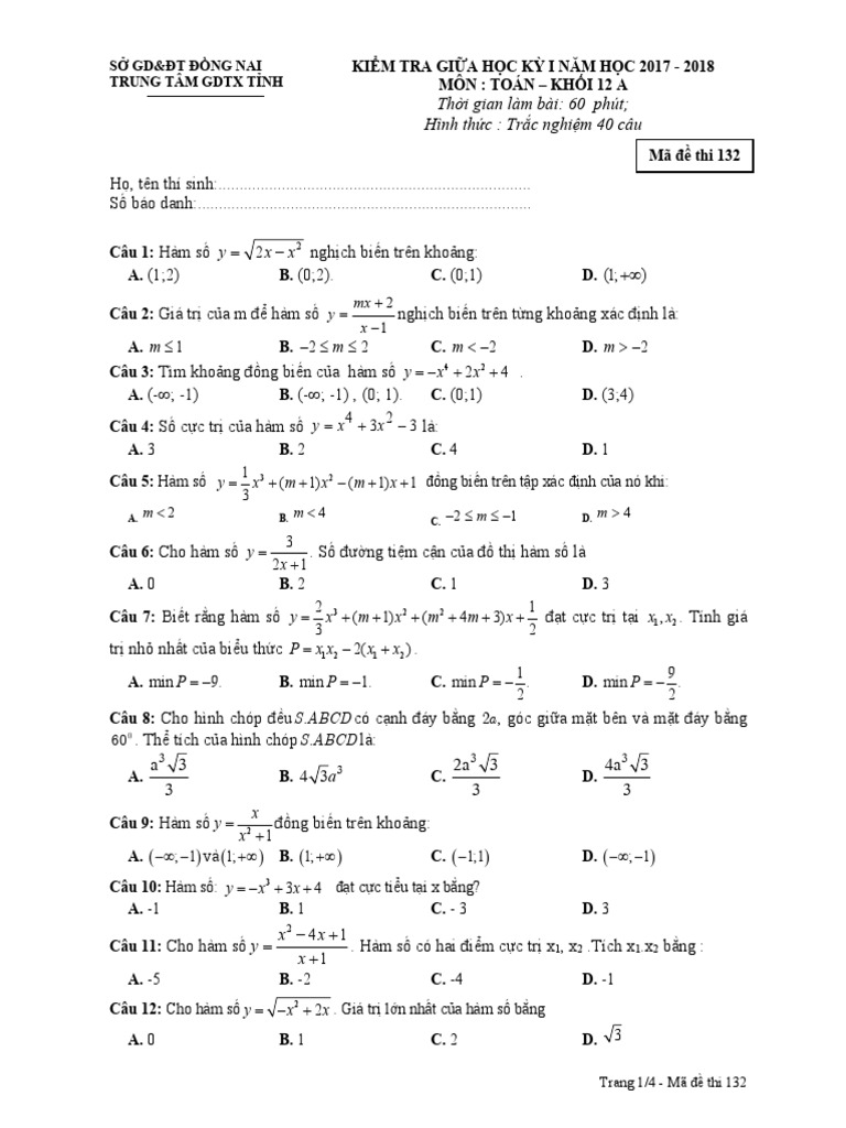 De Kiem Tra Giua hk1 Toan 12 Nam Hoc 2017 2018 Trung Tam GDTX Tinh Dong Nai | PDF