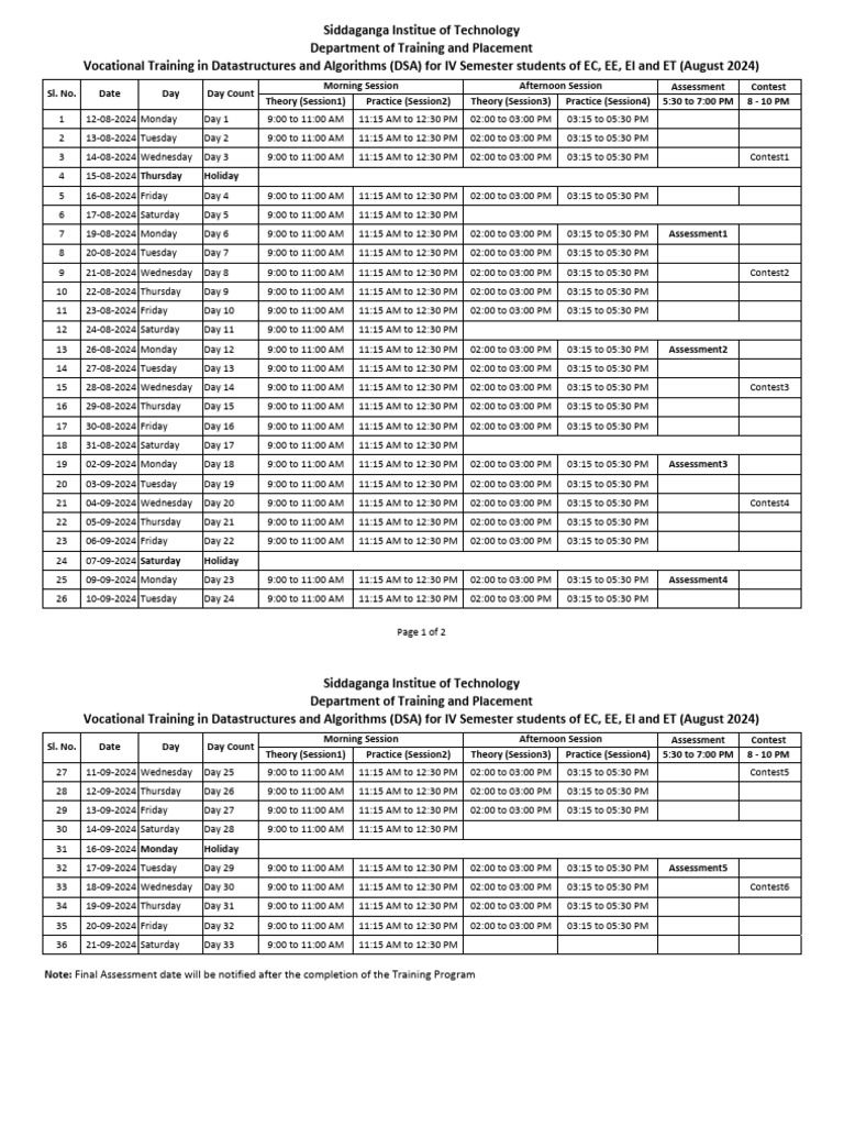 SIT DSA Vacation Training Schedule 2024 1 | PDF